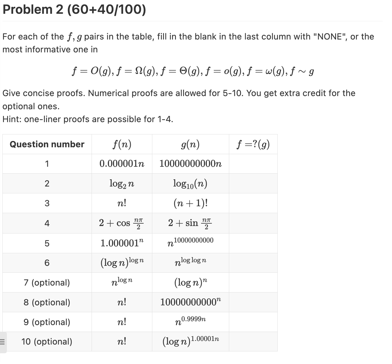 Solved Problem 2(60+40100)For each of the f,g ﻿pairs in the | Chegg.com