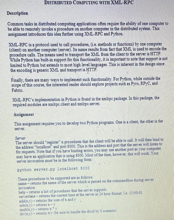 Solved DISTRIBUTED COMPUTING WITH XML-RPC Description Common | Chegg.com