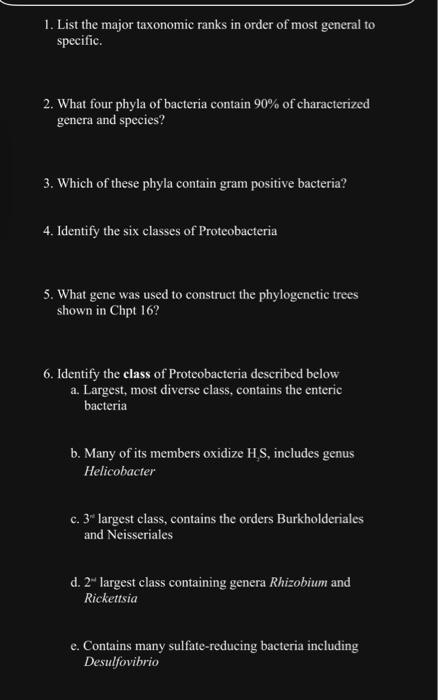 1. List the major taxonomic ranks in order of most | Chegg.com