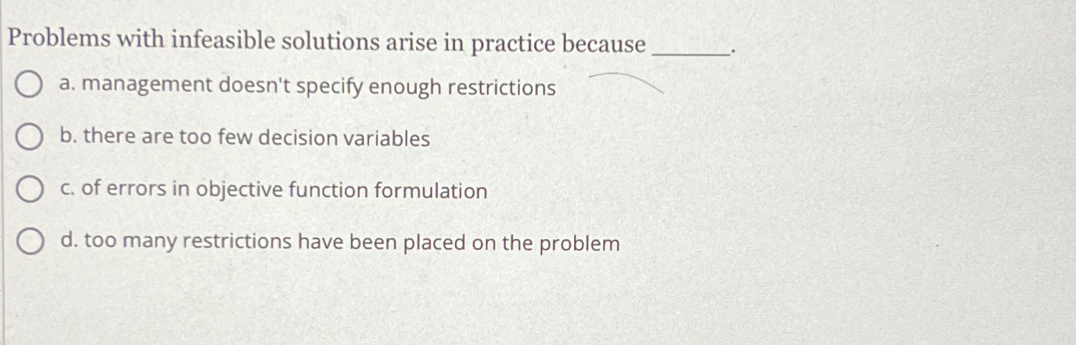 Solved Problems with infeasible solutions arise in practice | Chegg.com