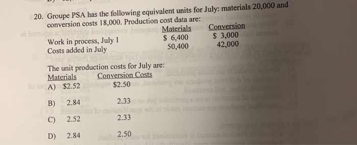 Solved 20. Groupe PSA has the following equivalent units for | Chegg.com