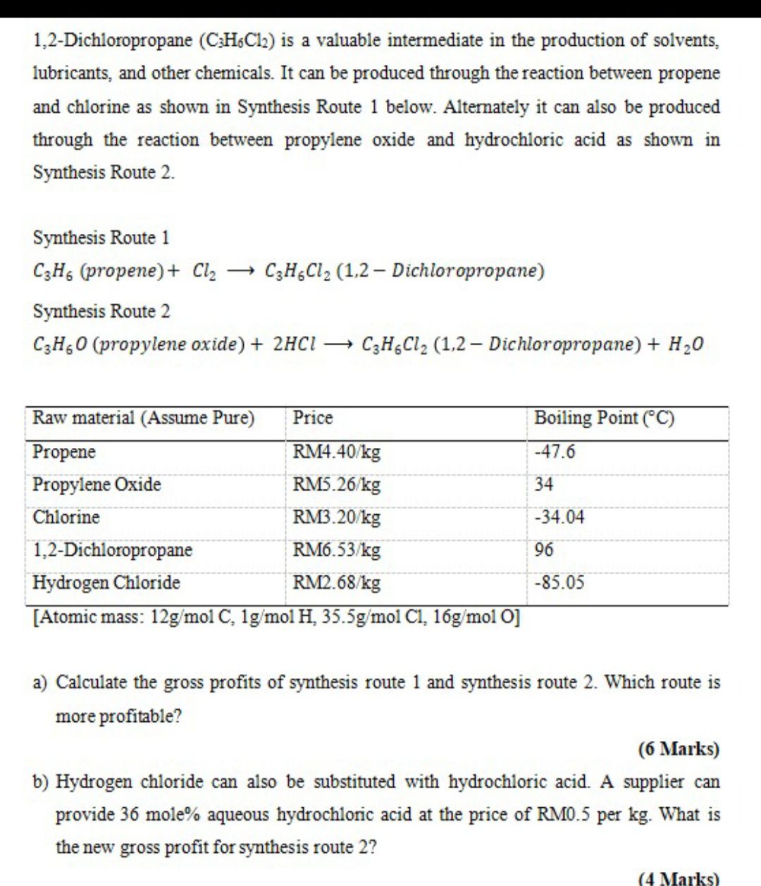 Solved 1,2-Dichloropropane (C3H6Cl2) ﻿is a valuable | Chegg.com