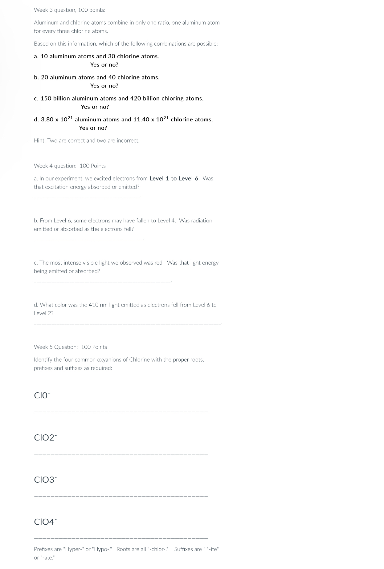 Solved Week 3 ﻿question, 100 ﻿points:Aluminum and chlorine | Chegg.com