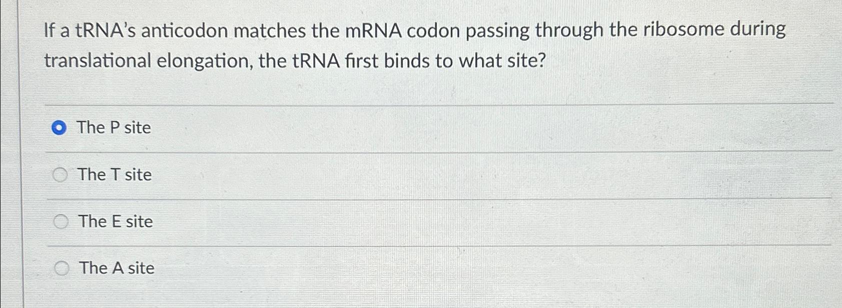 Solved If a tRNA's anticodon matches the mRNA codon passing | Chegg.com