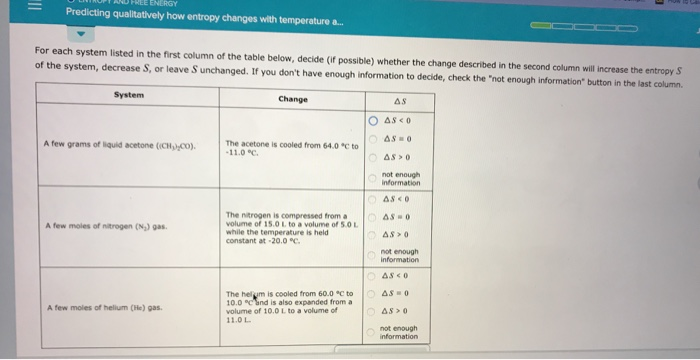 Solved Predicting qualitatively how entropy changes with | Chegg.com
