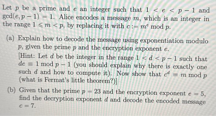 Solved Let p be a prime and e an integer such that 1 | Chegg.com