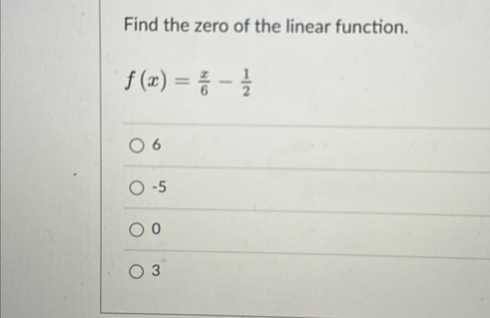 Solved Find the zero of the linear function.f(x)=x6-126-503 | Chegg.com