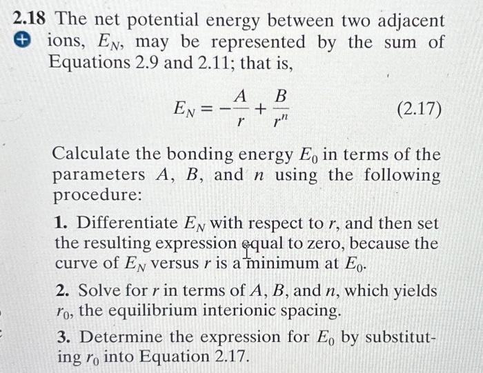2.18 The net potential energy between two adjacent | Chegg.com