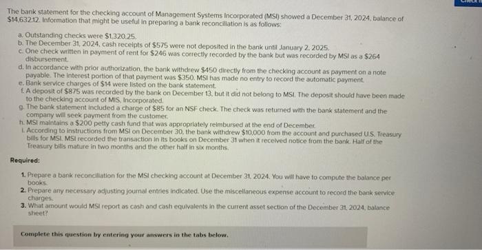 Solved The bank statement for the checking account of | Chegg.com