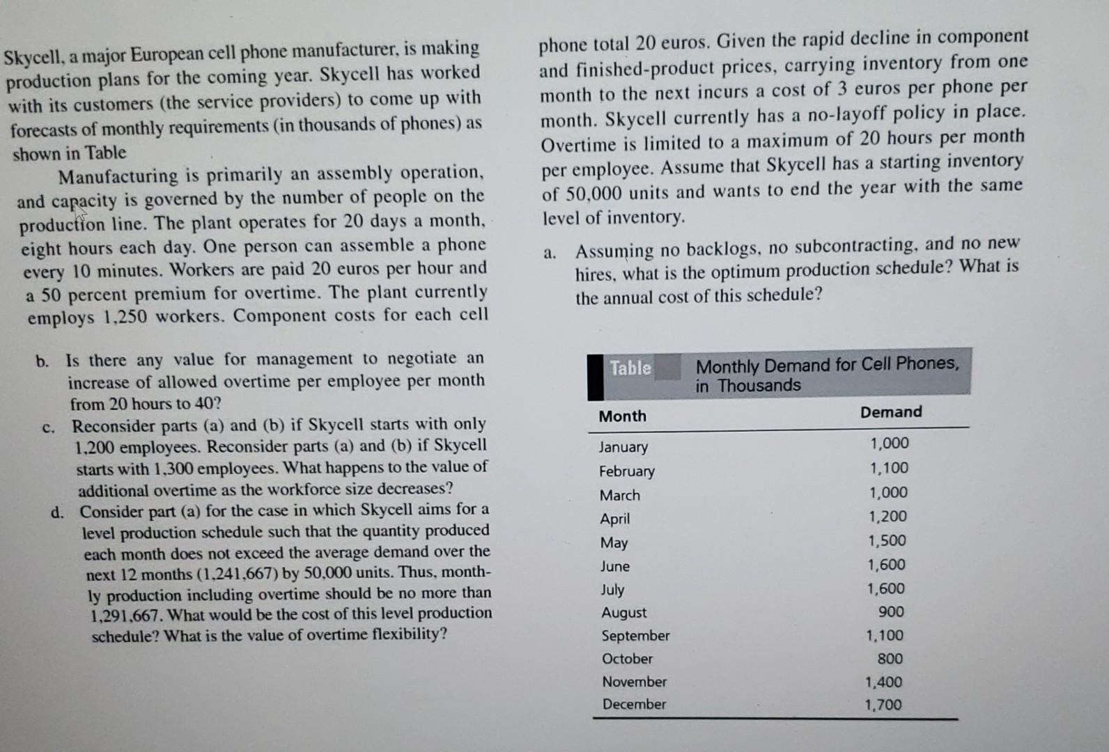Solved Skycell, a major European cell phone manufacturer, is | Chegg.com
