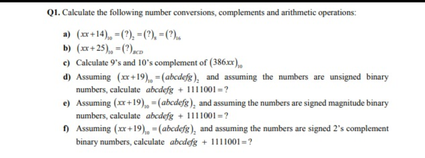 Q1. Calculate the following number conversions, | Chegg.com
