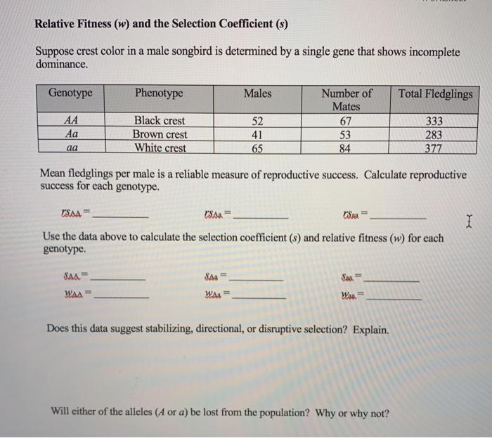 Solved Relative Fitness (w) and the Selection Coefficient | Chegg.com