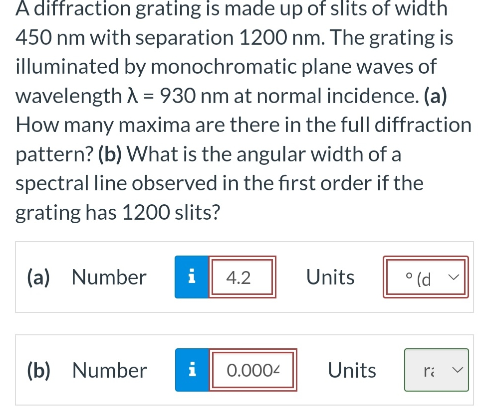 Solved A diffraction grating is made up of slits of width | Chegg.com