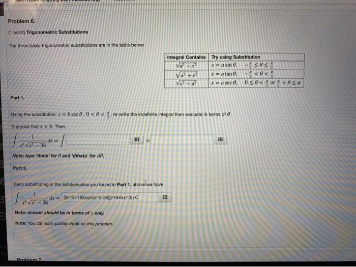 Solved Problem 6 1 Point Trigonometric Substitutions The