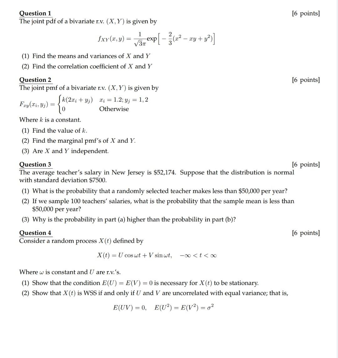 Solved Question 1[6 ﻿points]The joint pdf of a bivariate | Chegg.com