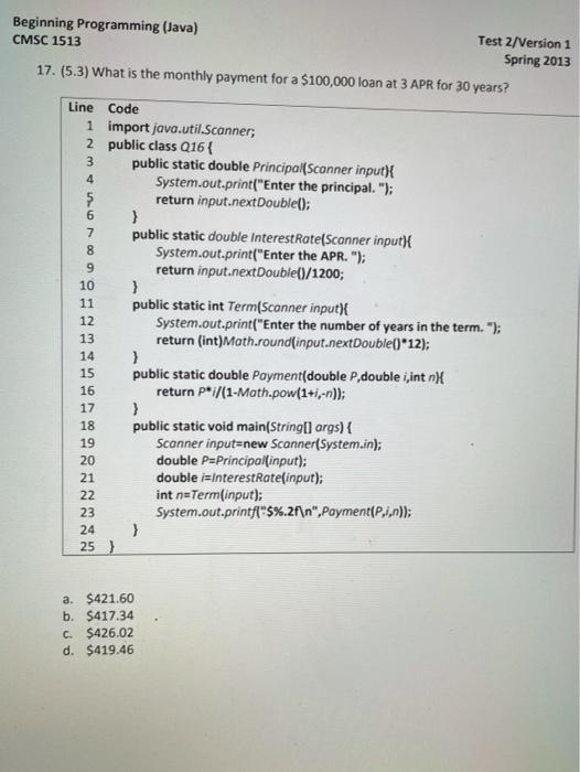 Solved Beginning Programming (Java) Test 2/Version 1 CMSC | Chegg.com