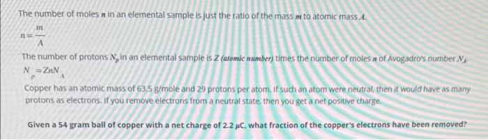 Solved The number of moles n in an elemental sample is just | Chegg.com