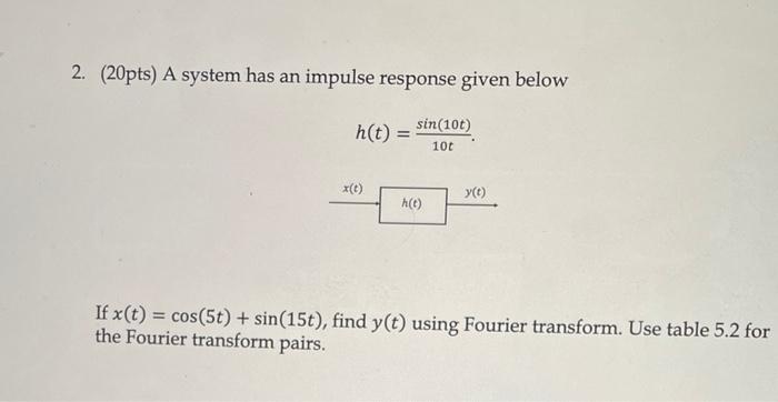 Solved 2. (20pts) A system has an impulse response given | Chegg.com