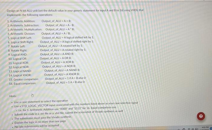 Solved Design an N bit ALU unit (set the default value in | Chegg.com
