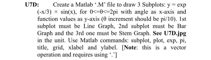 Solved U7D: Create a Matlab M'file to draw 3 Subplots: y = | Chegg.com