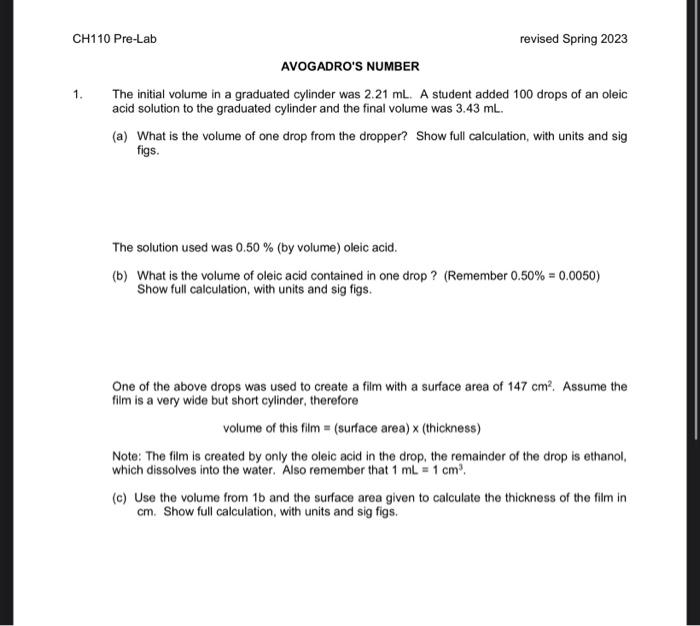 Solved 110 Pre-Lab revised Spring 2023 AVOGADRO'S NUMBER The | Chegg.com