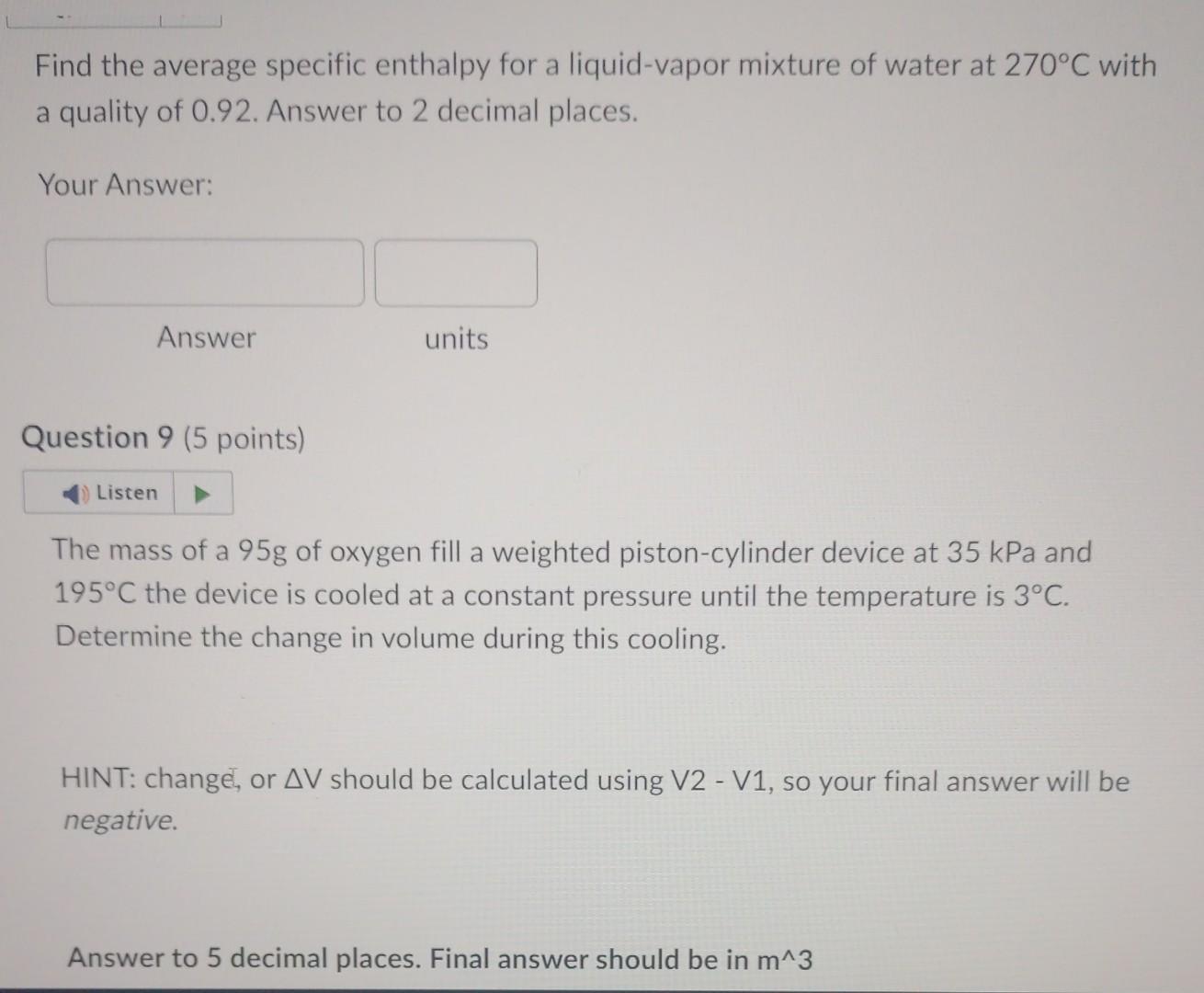 Solved Find the average specific enthalpy for a liquid-vapor | Chegg.com