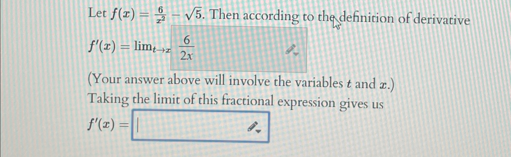 Solved Let f(x)=6x2-52. ﻿Then according to the definition of | Chegg.com