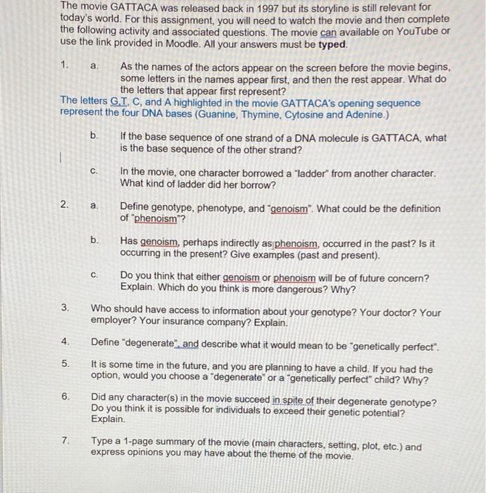 Solved I need help with this homework. The GATTACA has A | Chegg.com