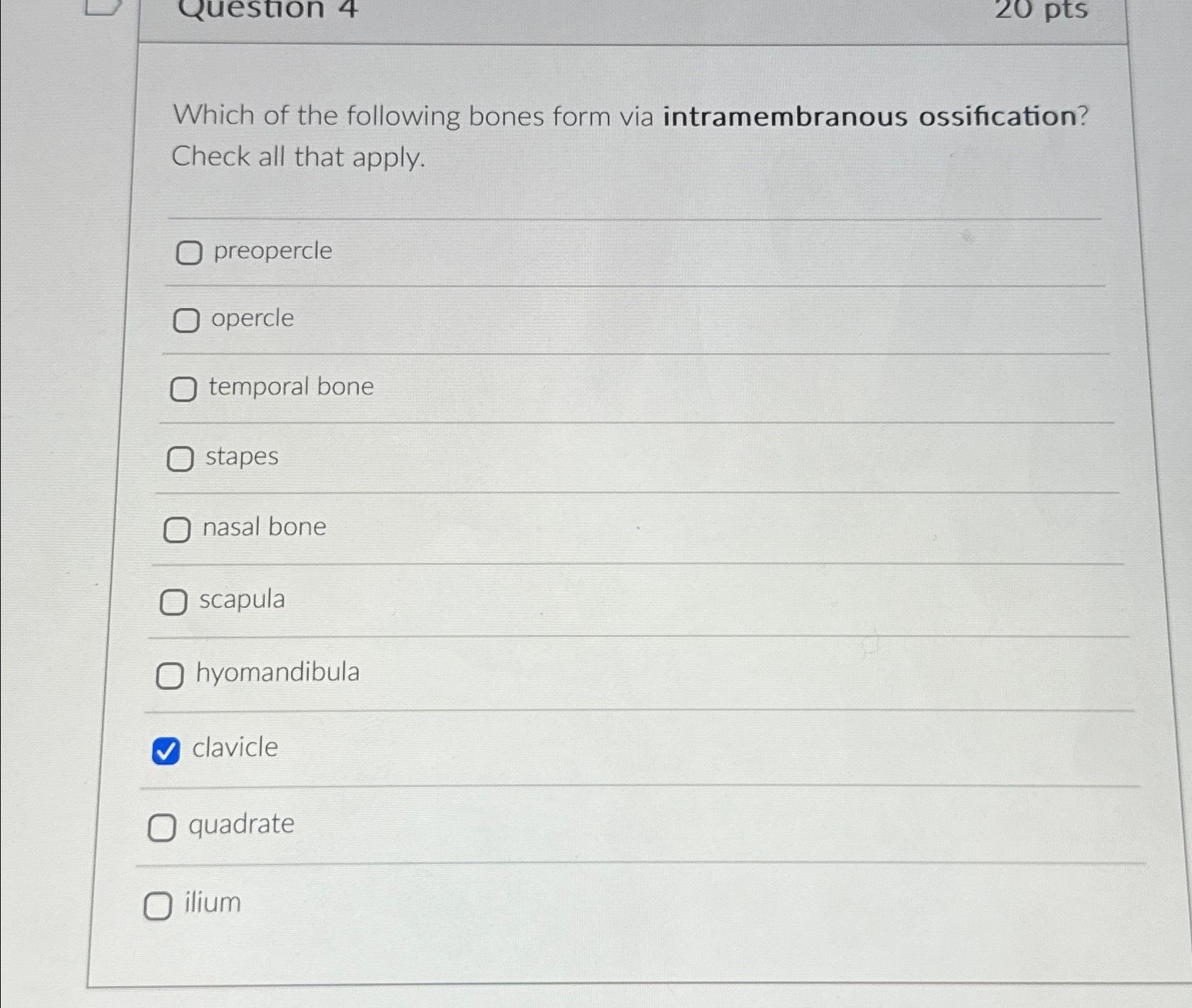 Solved Which of the following bones form via intramembranous | Chegg.com