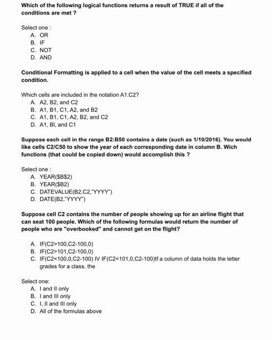 Solved Which of the following logical functions returns a | Chegg.com