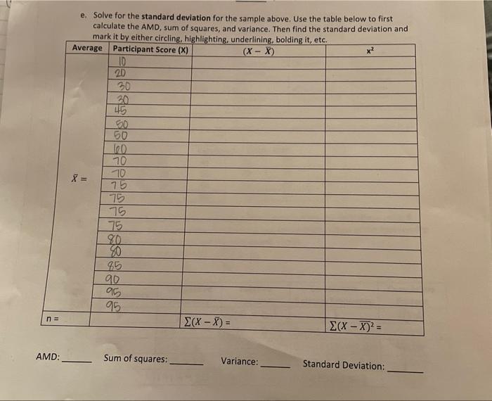 Solved e. Solve for the standard deviation for the sample | Chegg.com