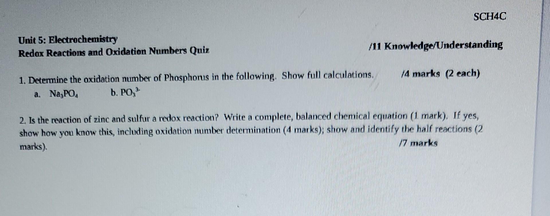 Solved SCH4C Unit 5: Electrochemistry Redox Reactions and | Chegg.com