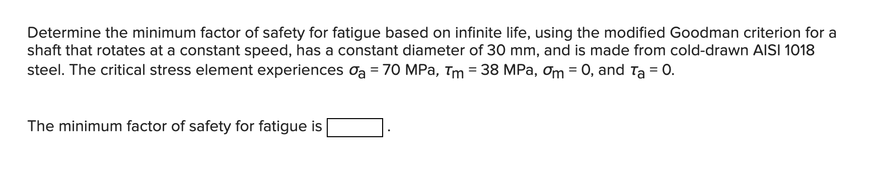 Solved Determine the minimum factor of safety for fatigue | Chegg.com