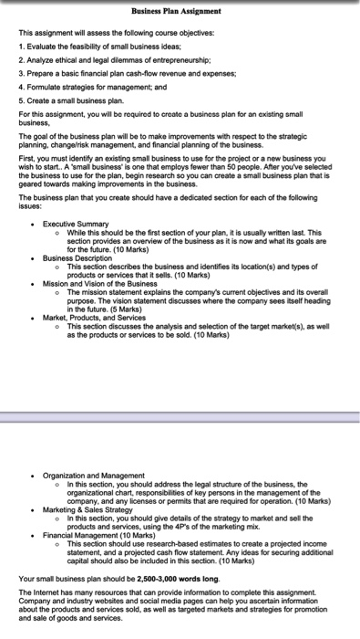 Business Plan Assignment This assignment will assess | Chegg.com