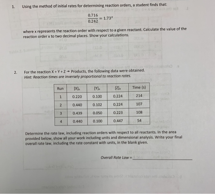 Solved 1. Using the method of initial rates for determining | Chegg.com