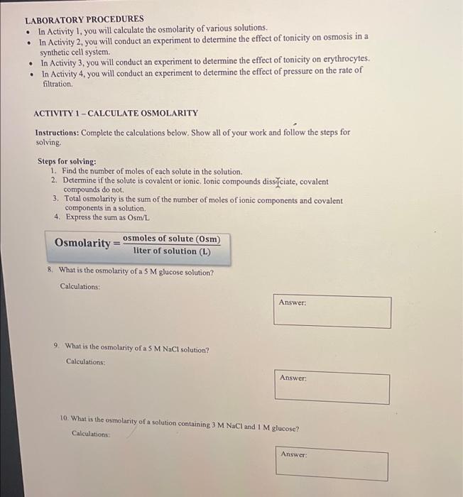 Solved LABORATORY PROCEDURES In Activity 1, you will | Chegg.com