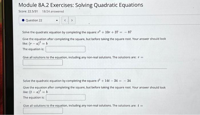Solved Module 8A.2 Exercises: Solving Quadratic Equations | Chegg.com