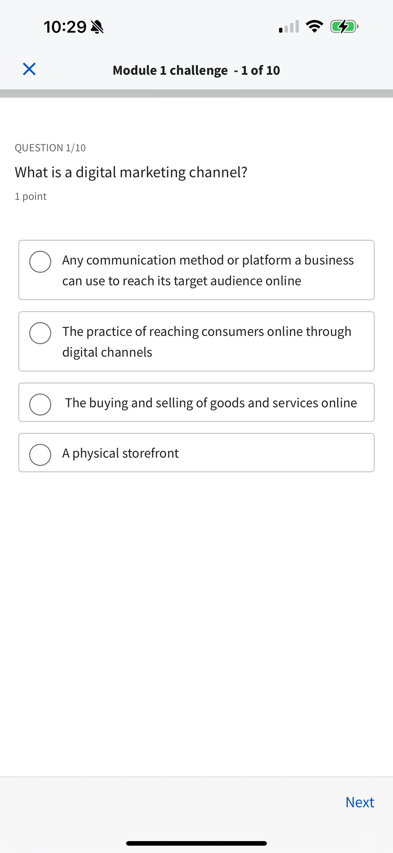 Solved 10:29Module 1 ﻿challenge - 1 ﻿of 10QUESTION 1/10What | Chegg.com