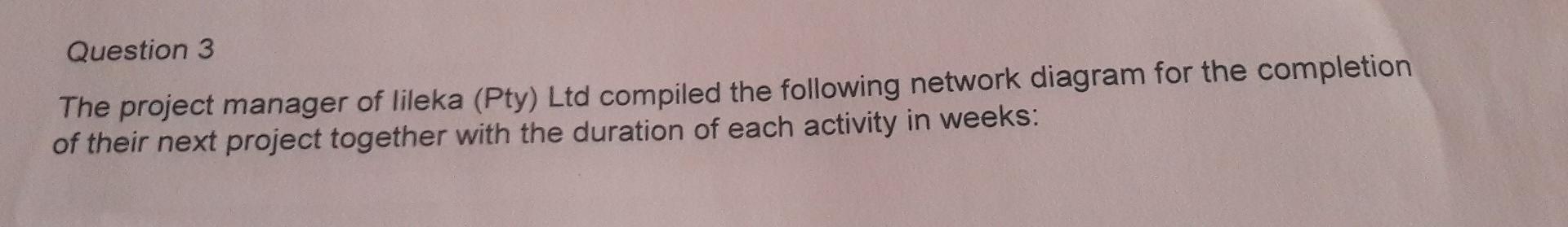 Solved Question 3 The project manager of lileka (Pty) Ltd | Chegg.com