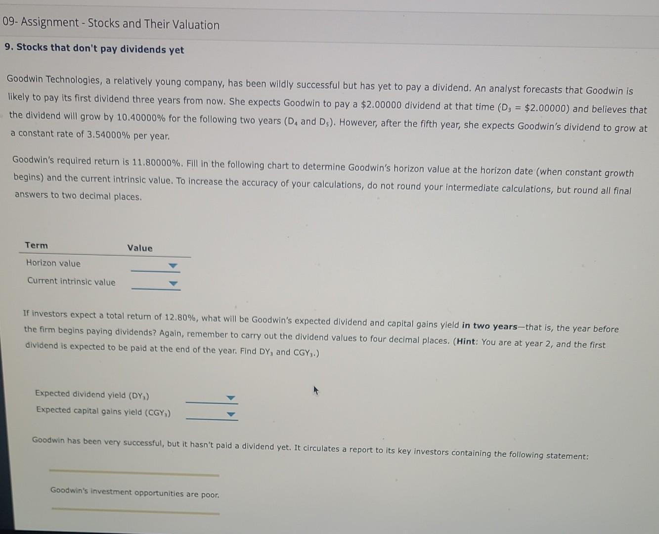 Solved 09- Assignment - Stocks and Their Valuation 9. Stocks | Chegg.com