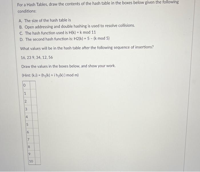 Solved For a Hash Tables, draw the contents of the hash | Chegg.com