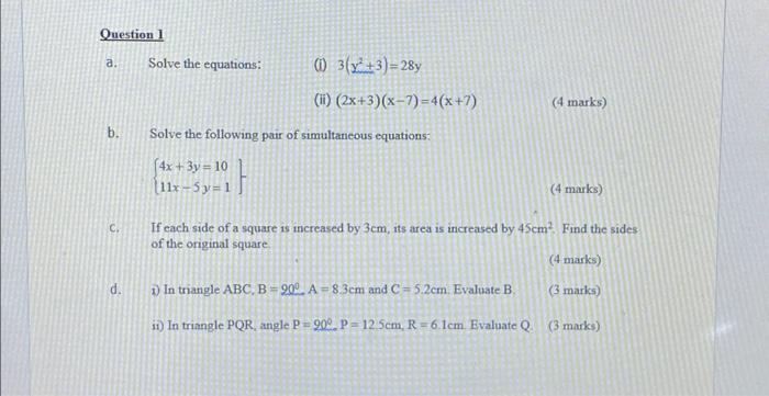 Solved Question I a. Solve the equations: (i) 3(y2+3)=28y | Chegg.com
