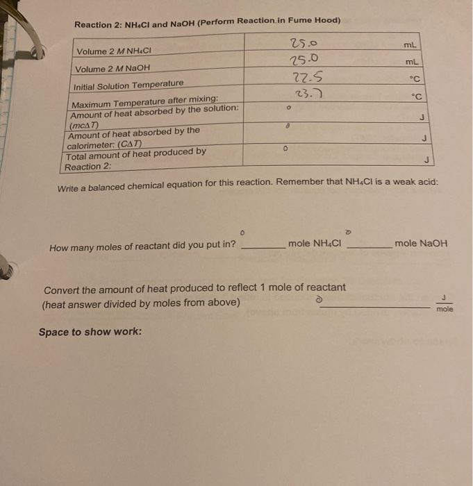 Solved Reaction 2: NH4Cl and NaOH (Perform Reaction in Fume | Chegg.com