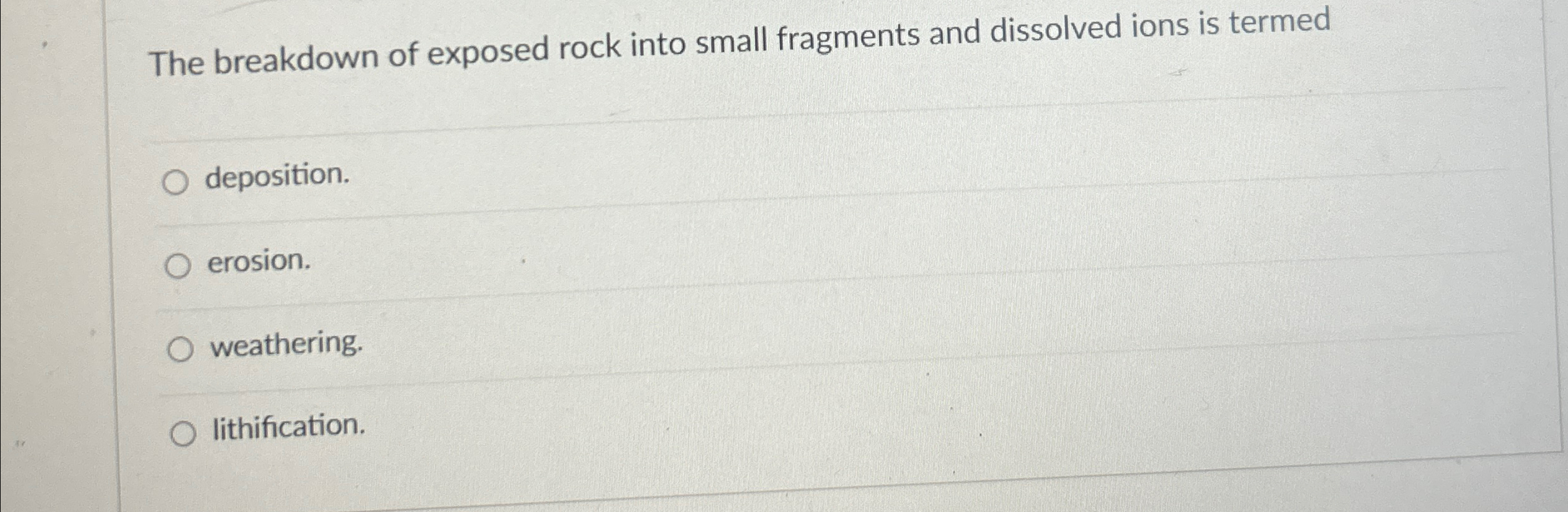 Solved The breakdown of exposed rock into small fragments | Chegg.com
