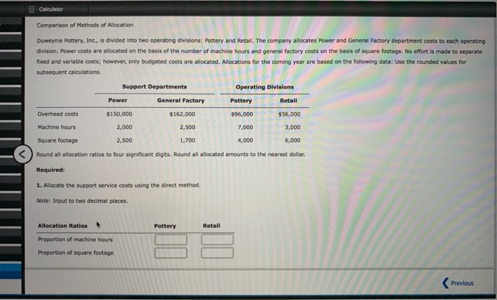 Solved Calculator Comparison of Methods of Allocation Power | Chegg.com