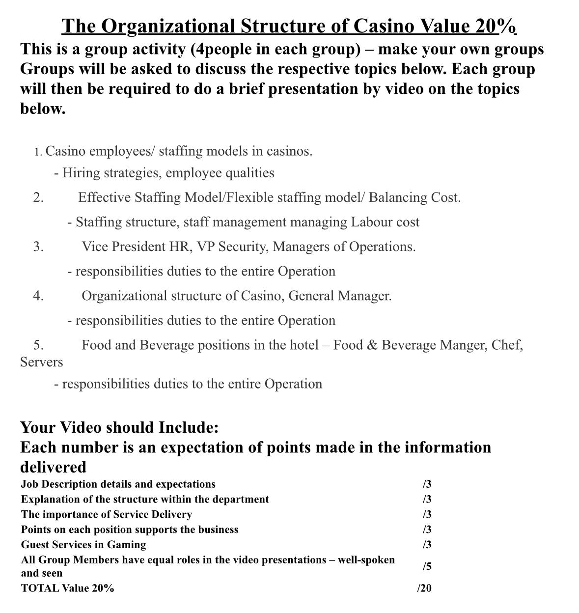Solved The Organizational Structure of Casino Value 20%. | Chegg.com