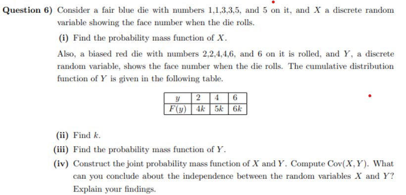 Question 6) ﻿Consider a fair blue die with numbers | Chegg.com