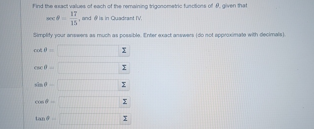 Solved Find the exact values of each of the remaining | Chegg.com