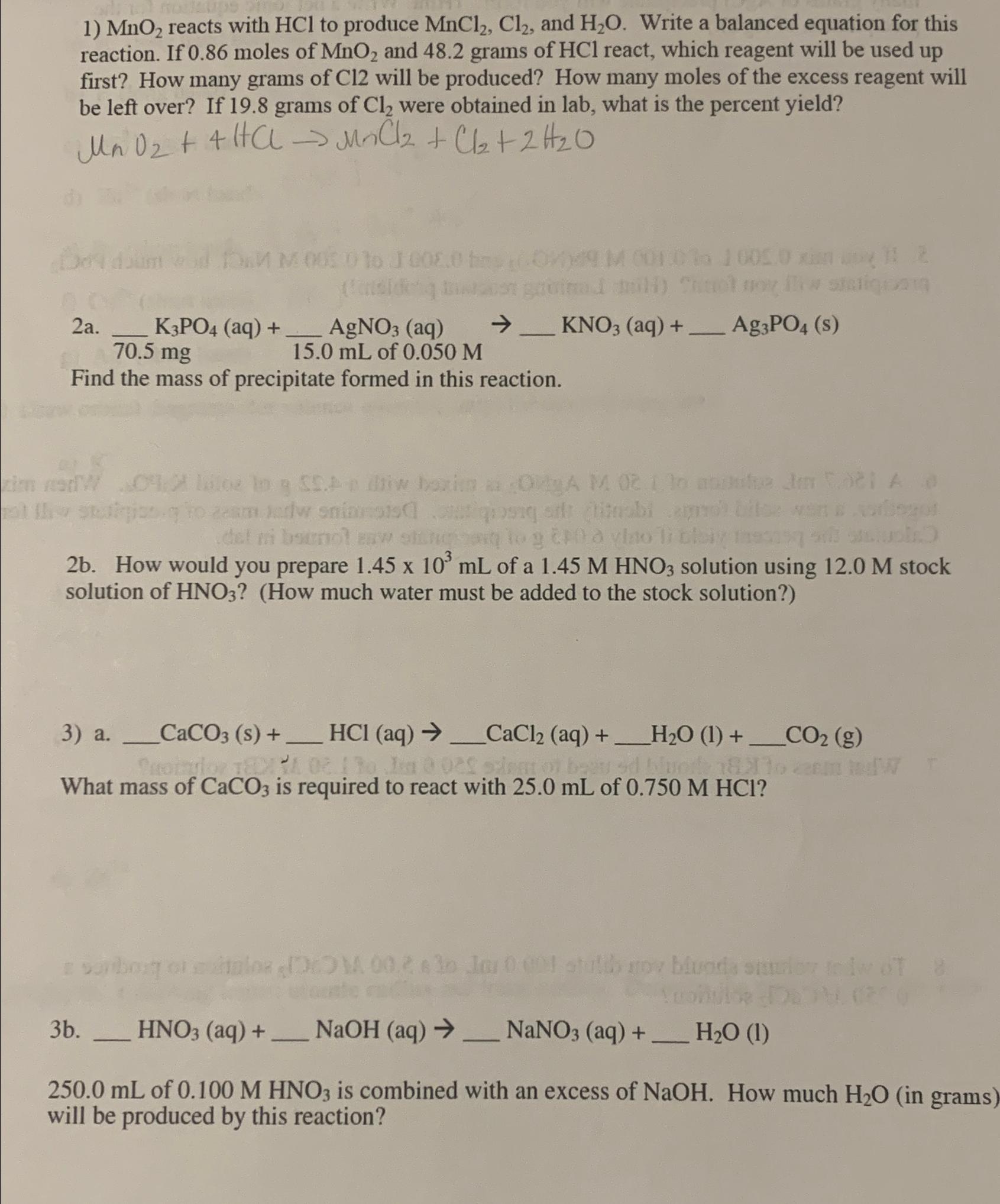 Solved MnO2 ﻿reacts with HCl ﻿to produce MnCl2,Cl2, ﻿and | Chegg.com