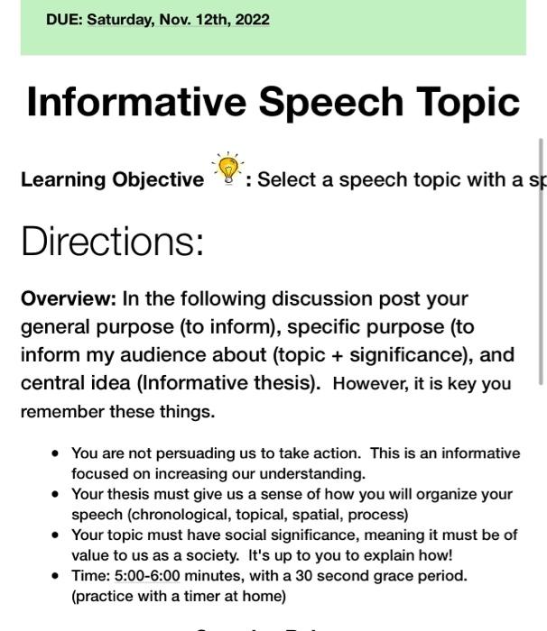 Solved Informative Speech Topic Learning Objective : Select | Chegg.com